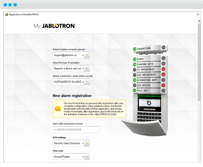 Registration of the control panel with SDC SIM using the F-Link software | Jablotron
